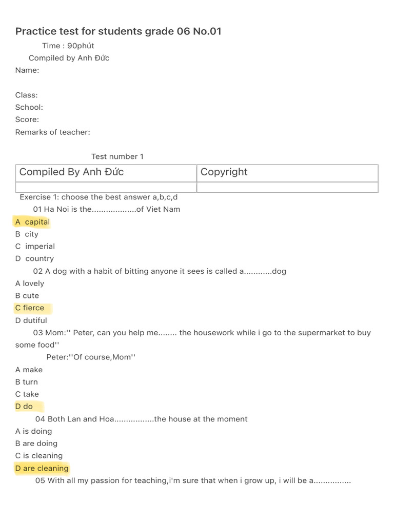 Practice Test For Students Grade 06 No 01 Pdf Language Arts