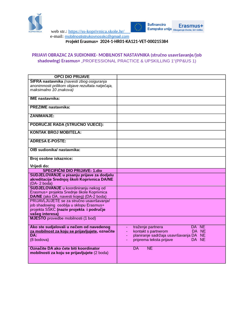 Prijavni Obrazac Nastavnici Job Shadowing 2024. 25 | PDF