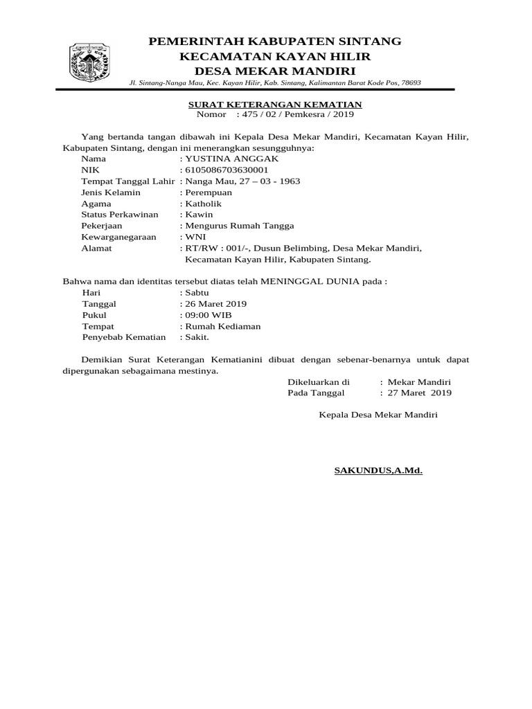 002 Surat Keterangan Kematian YUSTINA ANGGAK | PDF