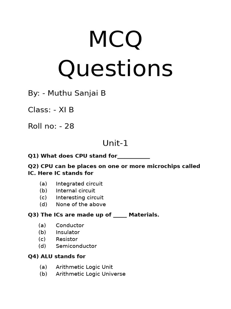 Class 11 Cs MCQ Questions | PDF | Central Processing Unit | Read Only Memory