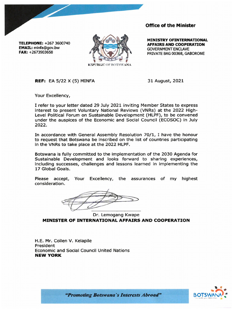 29285VNR 2022 Botswana Letter | PDF