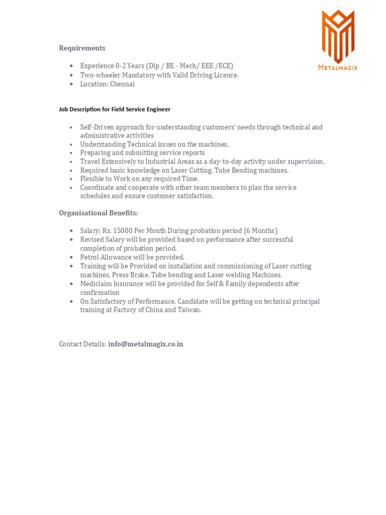Field Service Engineer Job in Chennai | PDF
