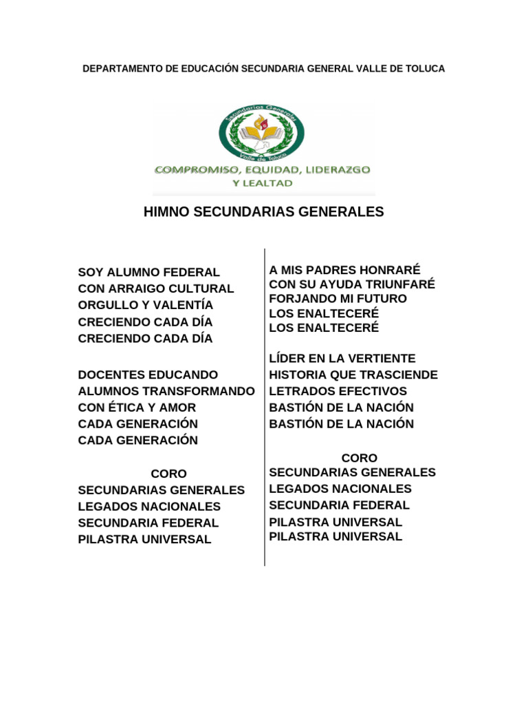 Letra Himno Secundarias Generales-1 | PDF