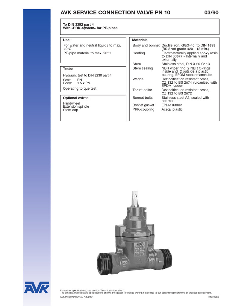 Avk Service Connection Valve PN 10 03/90: To DIN 3352 Part 4 With PRK ...