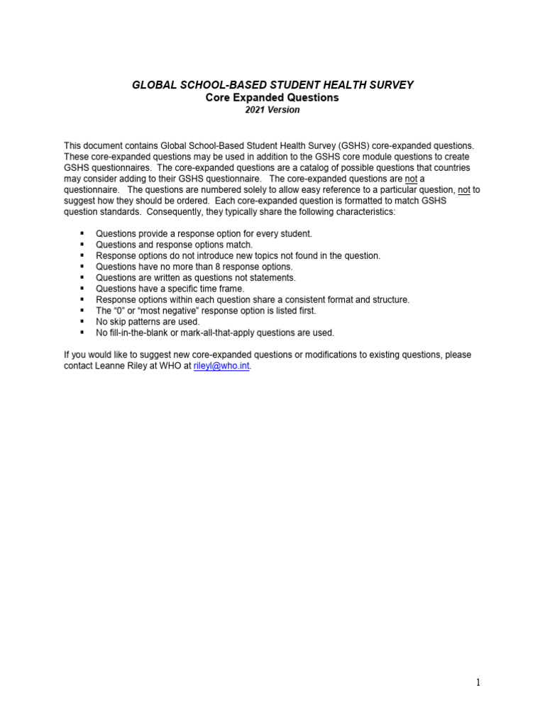 Global School-Based Student Health Survey: Core Expanded Questions ...