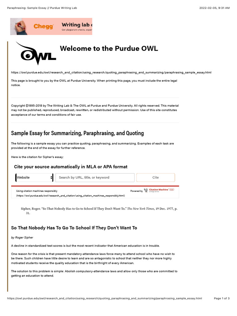 Paraphrasing - Sample Essay - Purdue Writing Lab | PDF