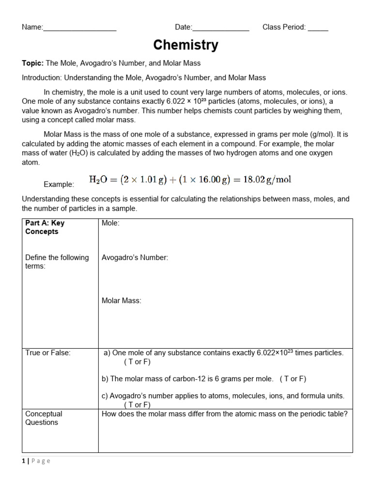 Mole Avogaro-Mass Worksheet | PDF | Mole (Unit) | Chemistry