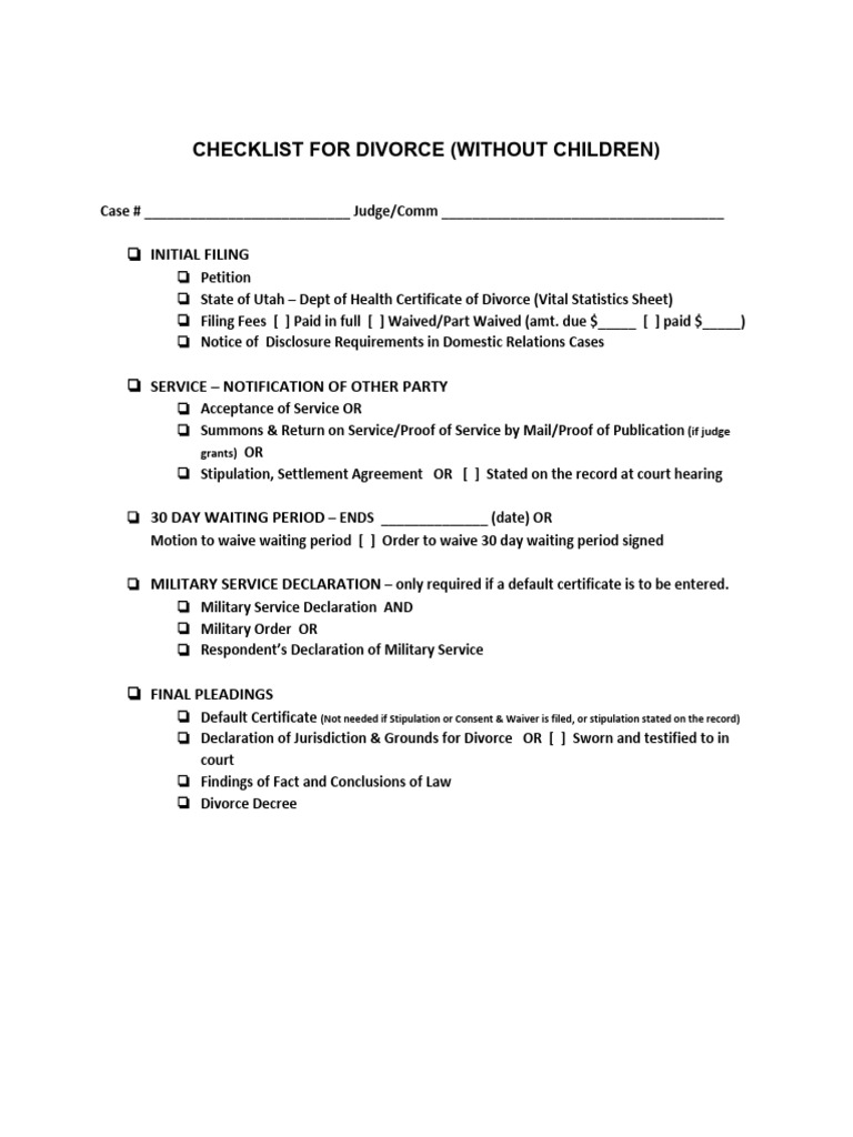 Divorce Checklist for Utah Without Children | PDF