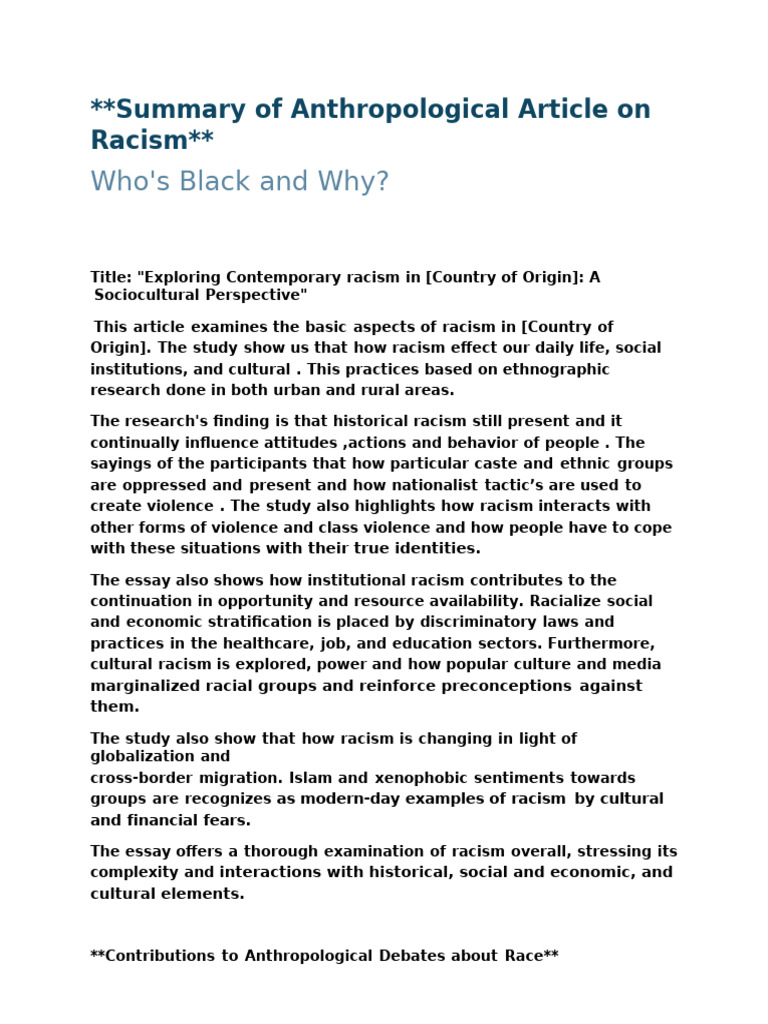 Who's Black and Why?: Summary of Anthropological Article On Racism ...