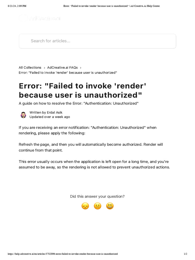 Error - Failed To Invoke 'Render' Because User Is Unauthorized - Ad Creative - Ai Help Center ...