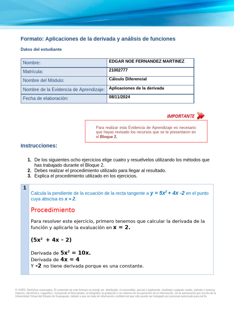 Fernández - Edgar - Aplicaciones de La Derivada | PDF | Pendiente | Derivado