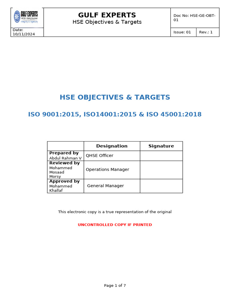HSE-GE-OBT-01 HSE Objectives and Targets | PDF | Regulatory Compliance ...