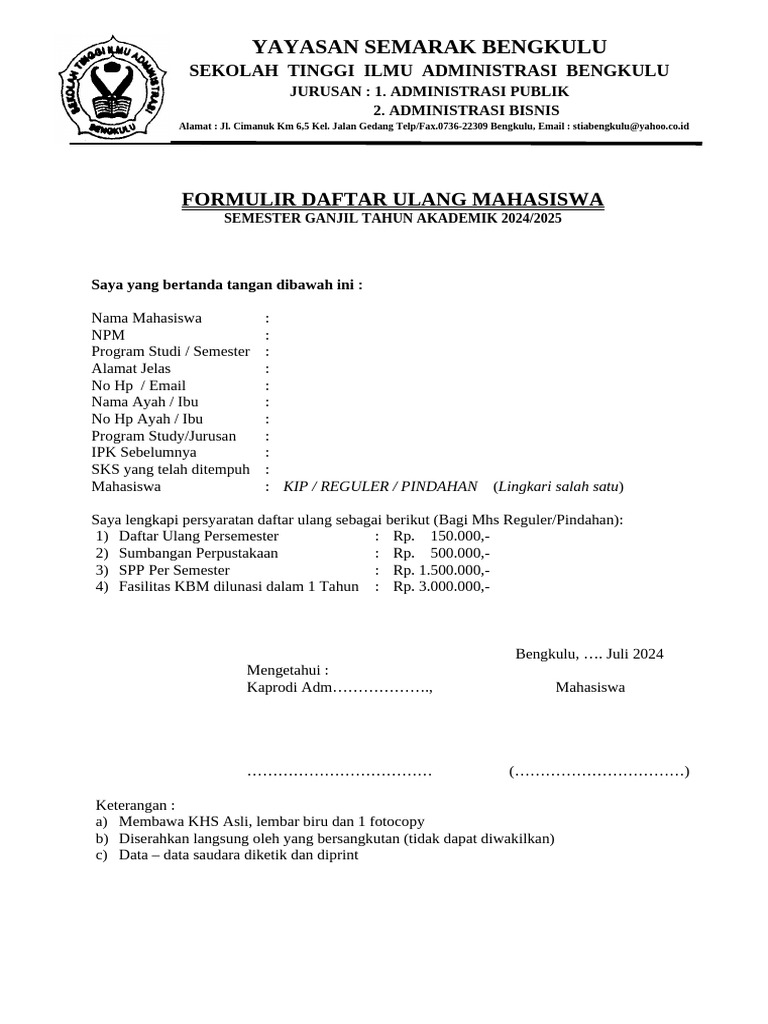 FORM DAFTAR ULANG Ganjil 2024 2025 | PDF