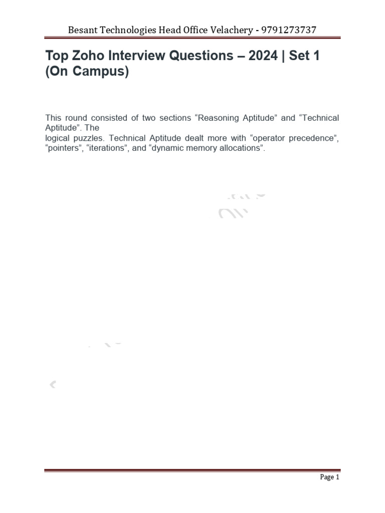 Zoho Set 1 On Campus Drive 2024 | PDF | Computer Science | Computer Data