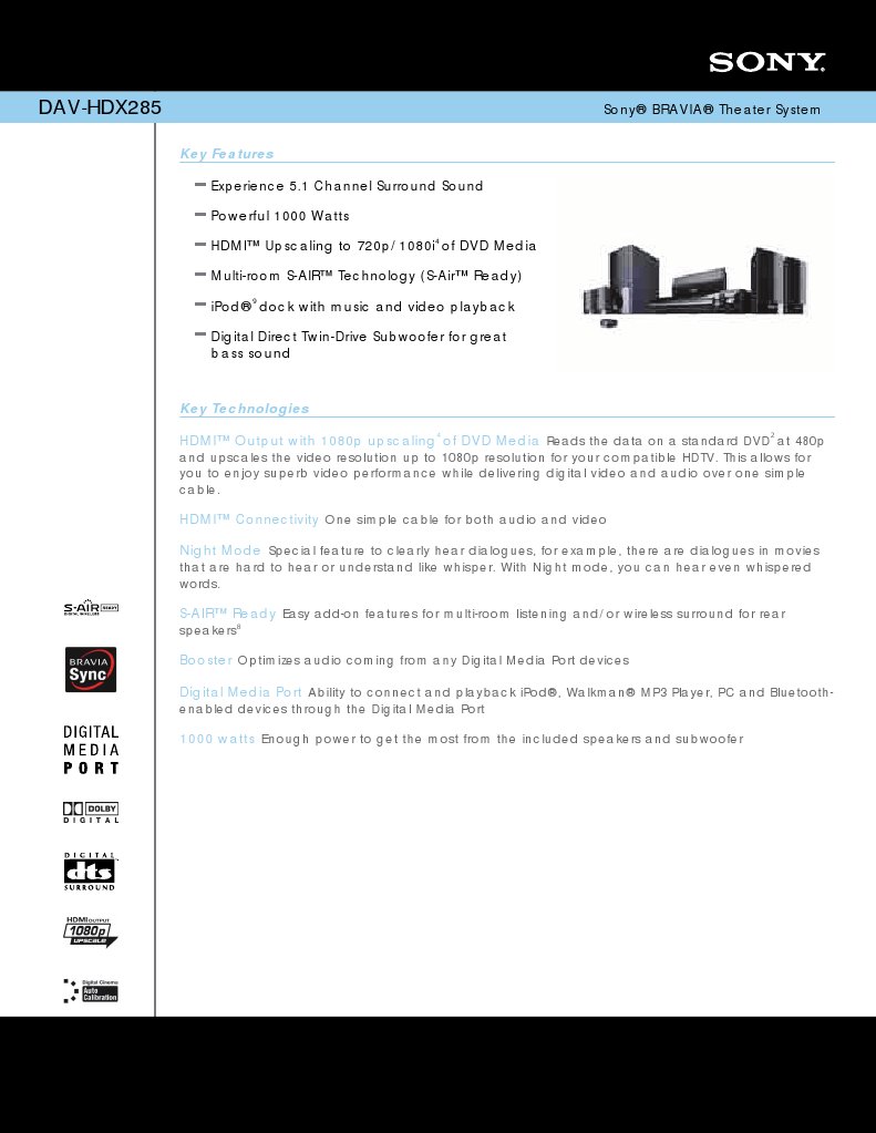 Sony DAV HDX285 Specs | PDF | Loudspeaker | Compact Disc