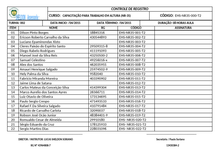 Controle de Registro NR 35 T2 SST | PDF