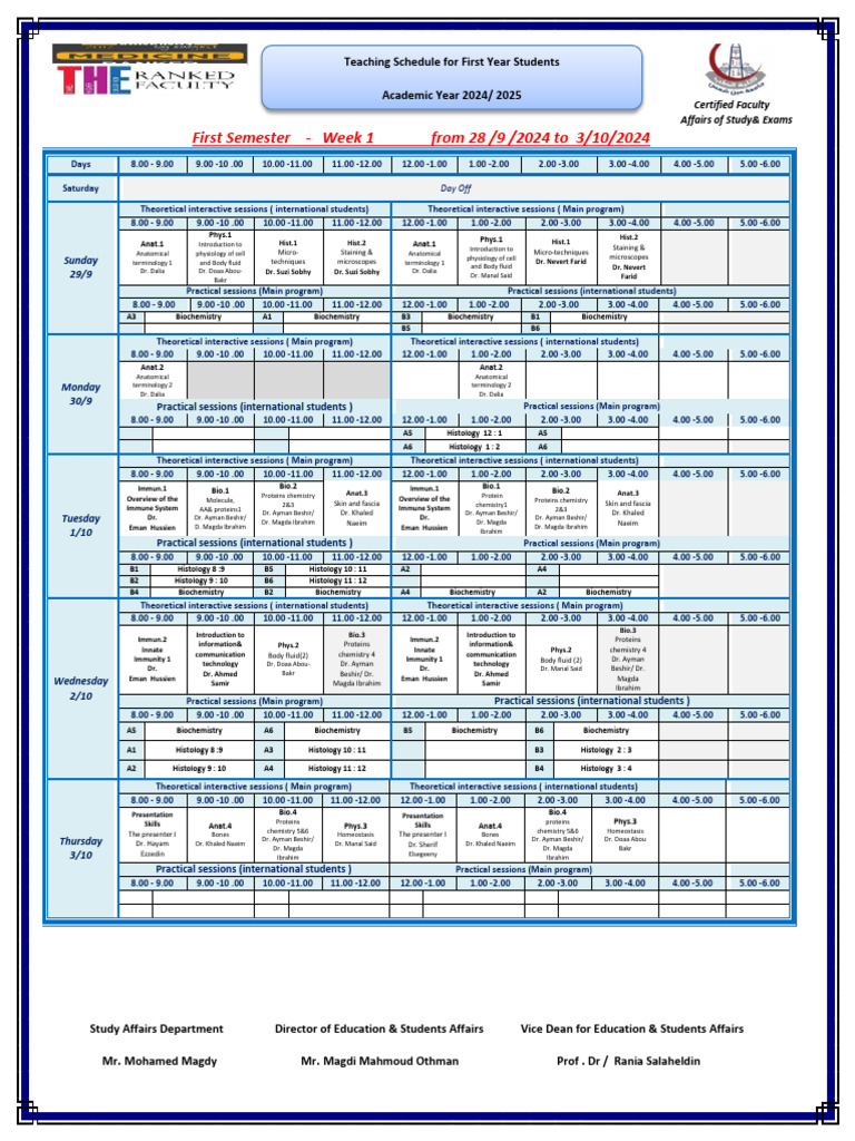 Year One Semester One Schedule 2024-2025 | PDF | Molecular Biology ...