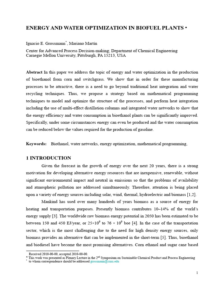Energy and Water Optimization in Biofuel | PDF | Biofuel | Water