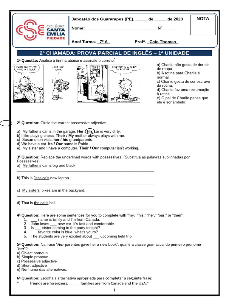 2 CHAMADA Ingles 7° P.P - Caio Thomas | PDF | Linguistic Morphology ...
