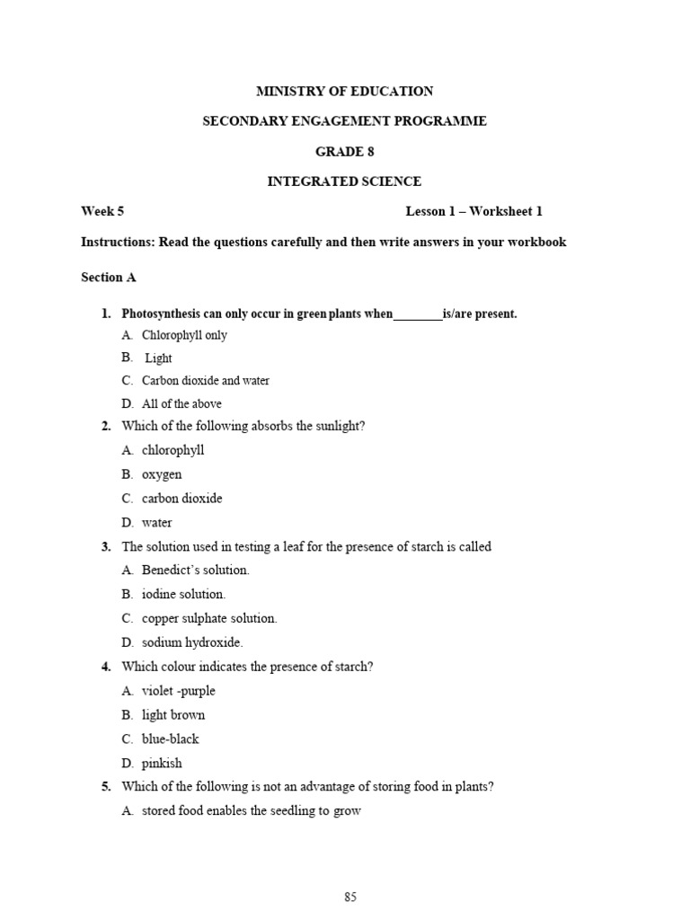Grade 8 Integrated Science Week 5 Lesson 1 Worksheets 1 and ...