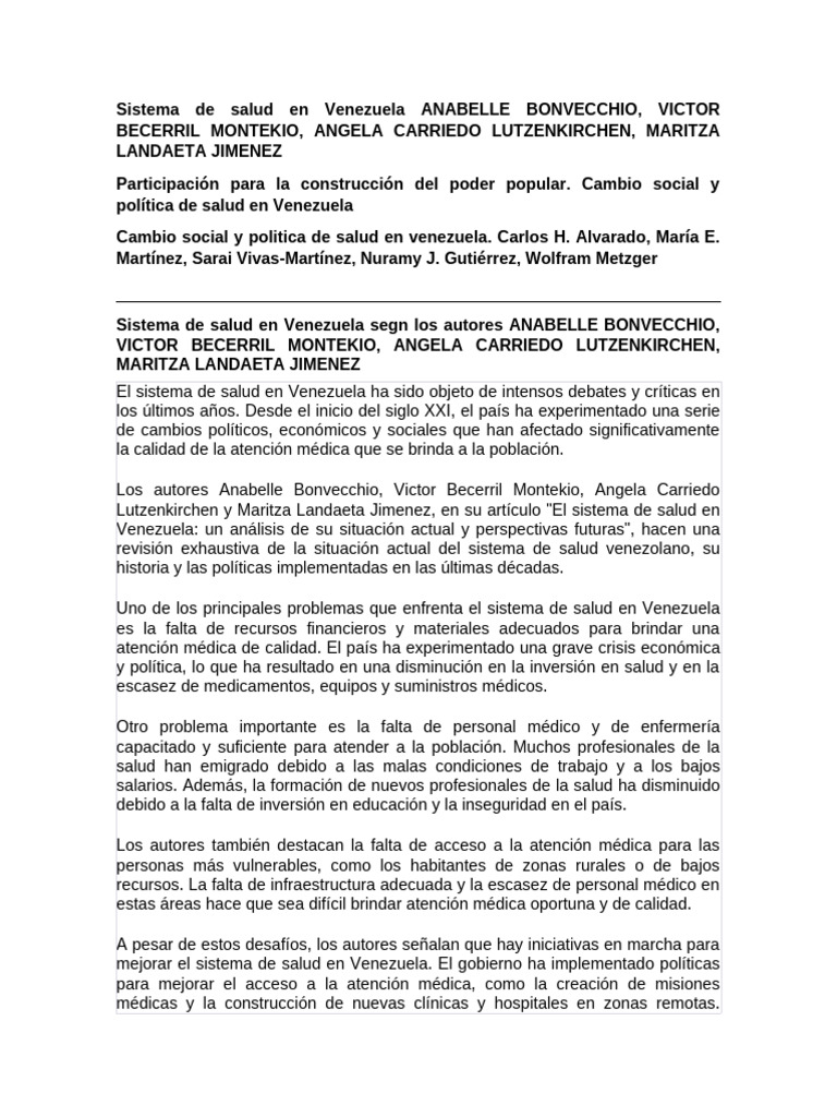 Sistema De Salud En Venezuela Pdf Venezuela Participación Pública 4504