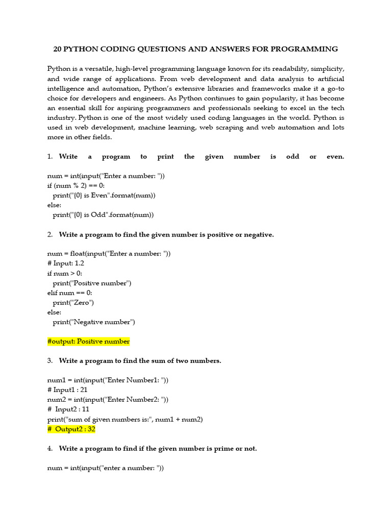 20 Python Coding Questions And Answers For Programming Pdf Computer 6701