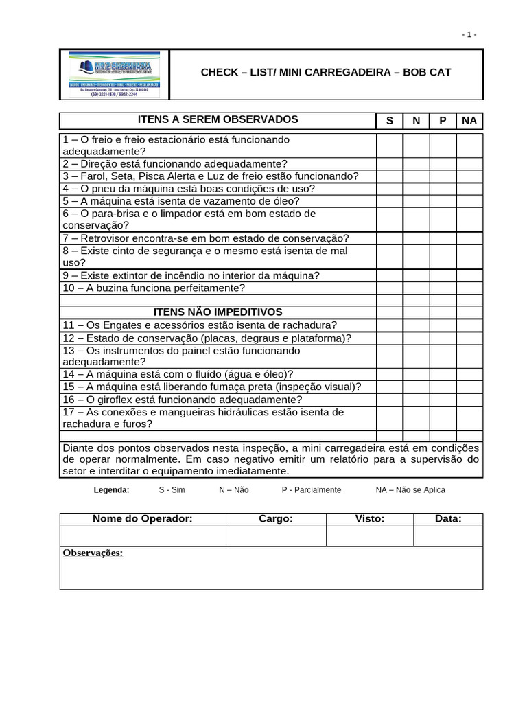 CheckList - BOB CAT | PDF