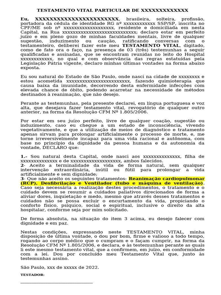 TESTAMENTO VITAL Modelo | PDF | Testamento | Morte