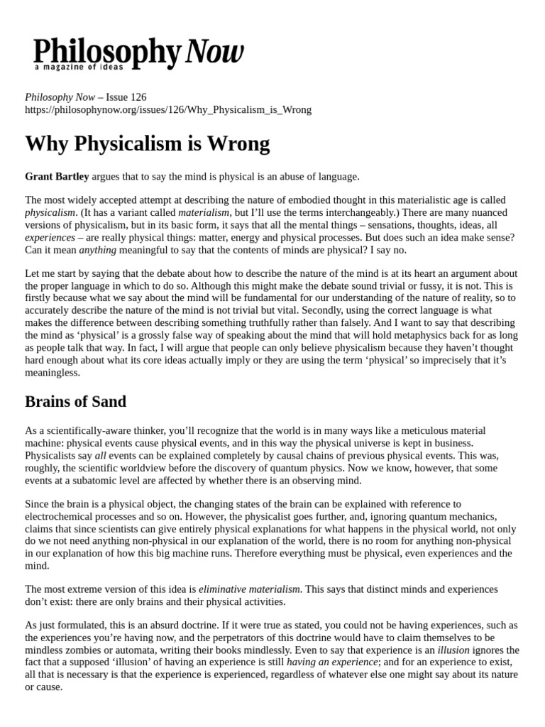 Why Physicalism Is Wrong - Issue 126 - Philosophy Now | PDF | Mind ...