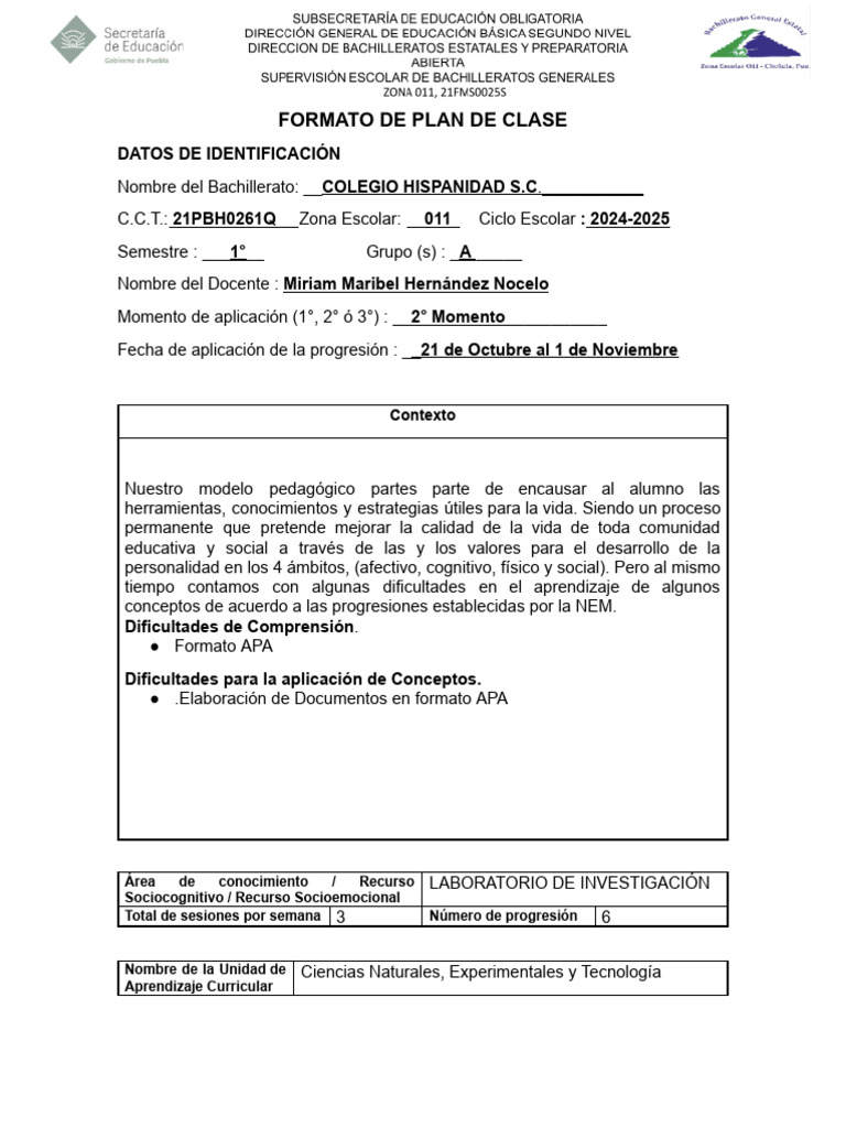 Lab. Inves. 1° PLAN DE CLASE | PDF | Aprendizaje | Evaluación