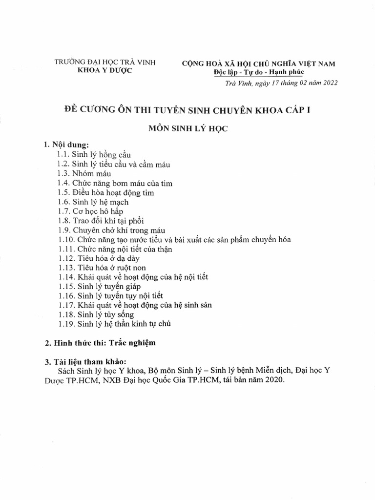 De Cuong On Thi Mon Sinh Ly Hoc | PDF