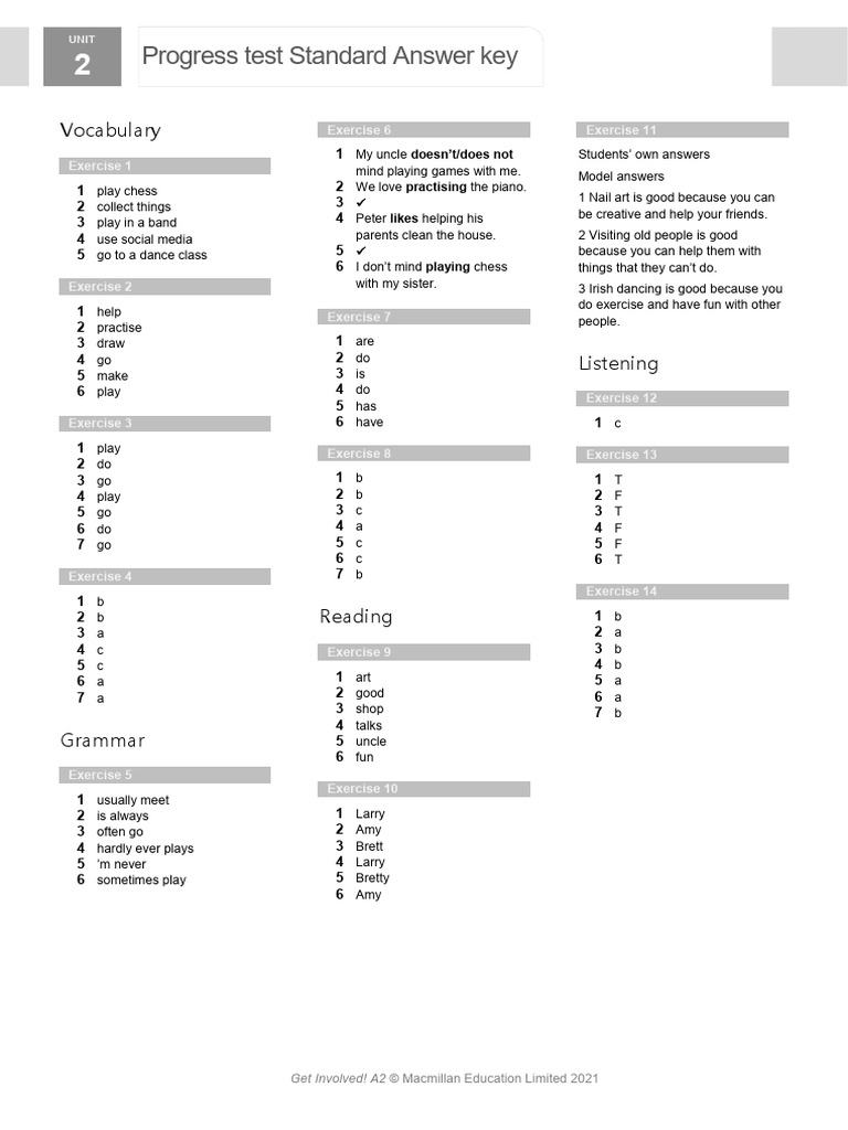 A2 Progress Test Answer Key | PDF