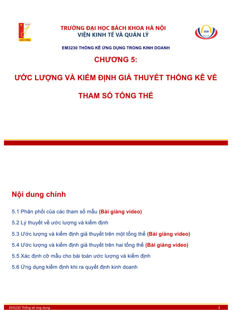 TKUD 20212 Chuong 5 Uoc Luong Va Kiem Dinh Gia Thuyet | PDF