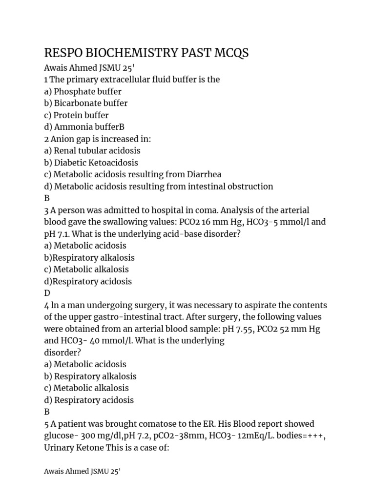 Respo Biochemistry Past MCQS | PDF