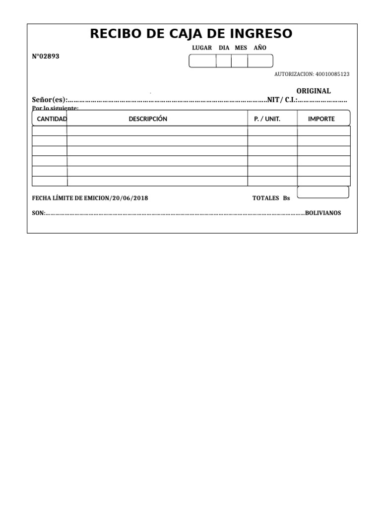 Recibo de Caja de Ingreso Bolivia | PDF