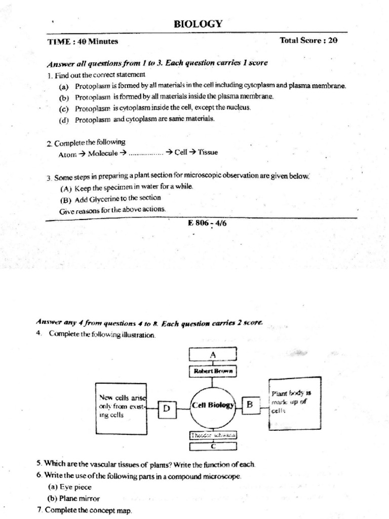 Kerala Class 8 First Term Onam Exam Question Paper 2017 - BIOLOGY (EM ...