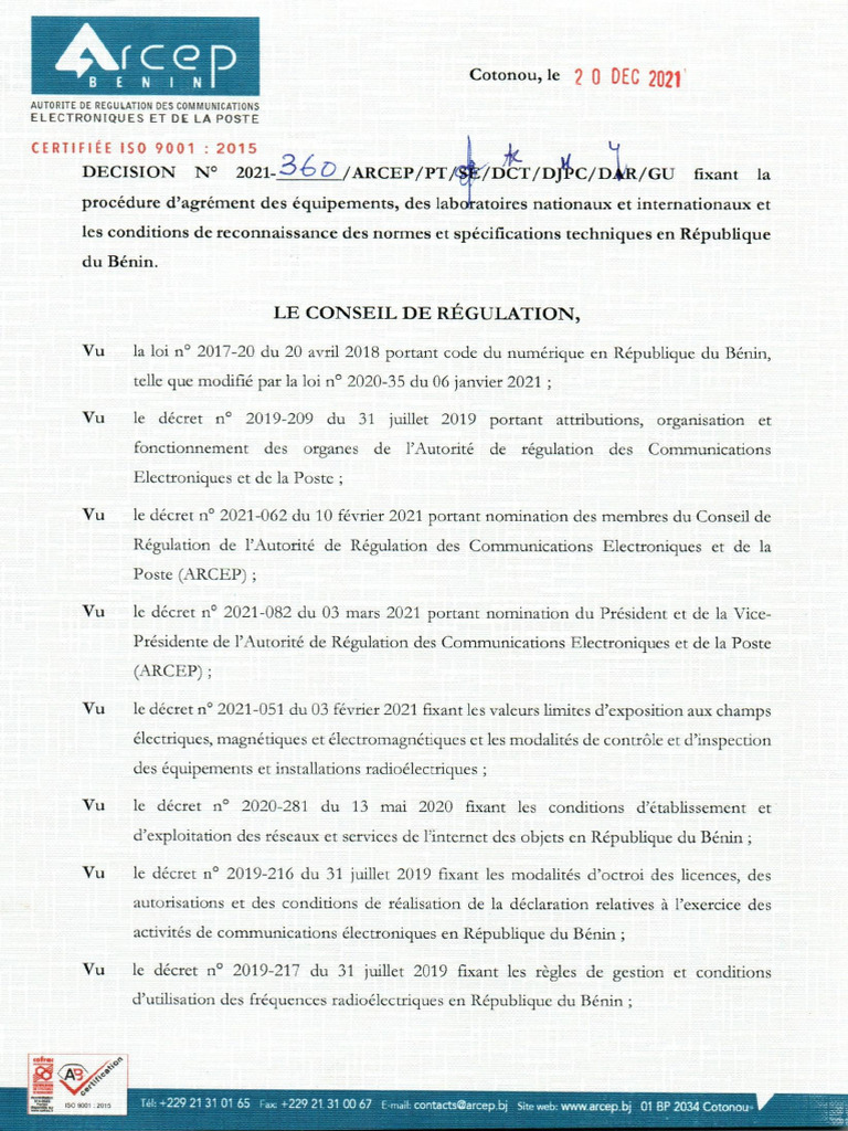 Decision 2021 360 Arcep Benin | PDF