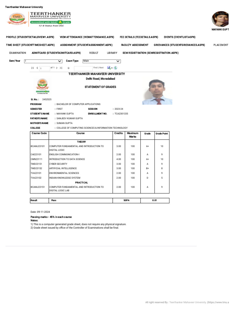 TMU Grade Statement for Mayank Gupta | PDF | Computing
