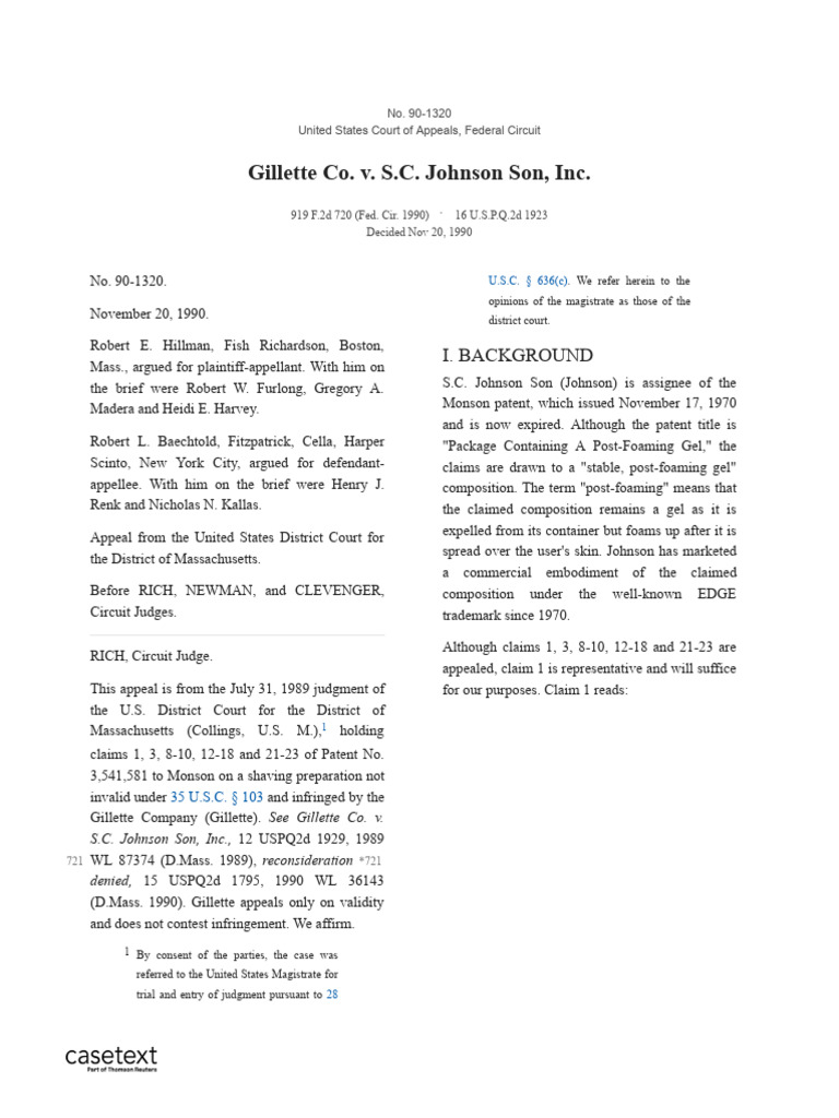 Gillette Co. v. S.C. Johnson Son, Inc | PDF | Prior Art | Burden Of ...