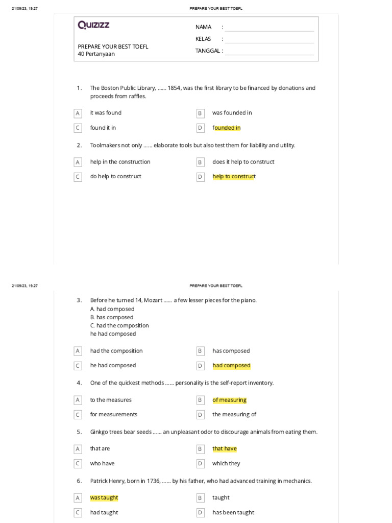 TOEFL Practice Questions Set | PDF