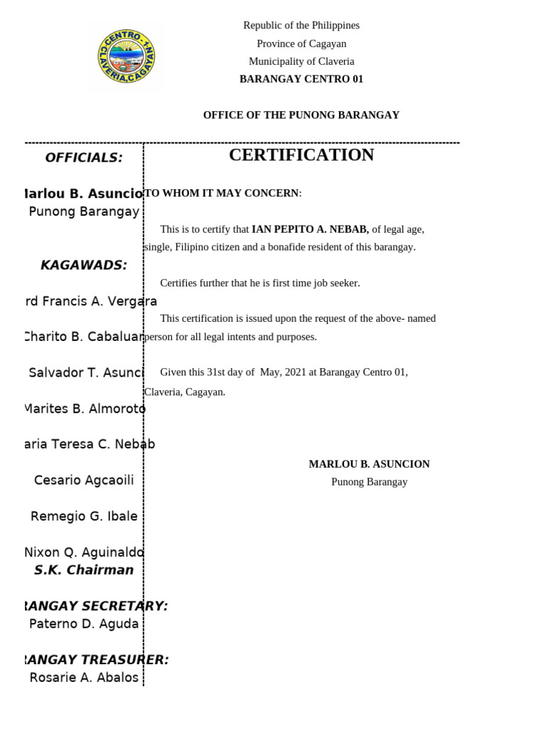 Certification For 1st Time Job Seeker | PDF | Philippines