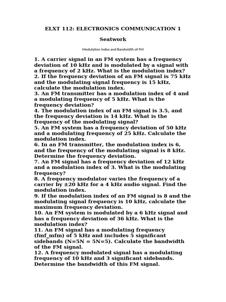 Seatwork FM Modulation Index and Bandwidth | PDF | Frequency Modulation | Telecommunications ...