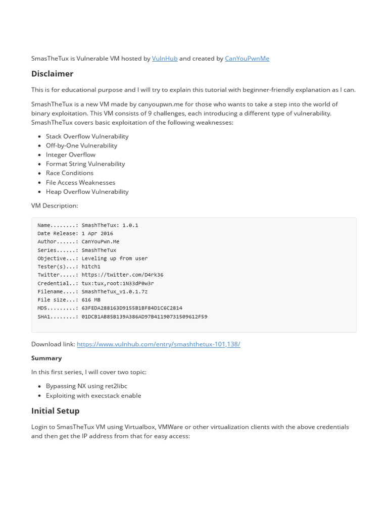 SmashTheTux Chapter 0x00 Basic Buffer Overflow Ret2libc | PDF | Computing | Computer Programming