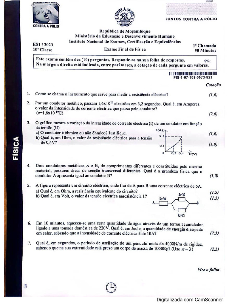 Física-2023 - 10 Classe - 1 Época (WWW - Mozestuda.com) | PDF
