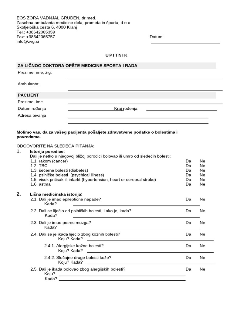 Upitnik Za Doktora - 1 | PDF