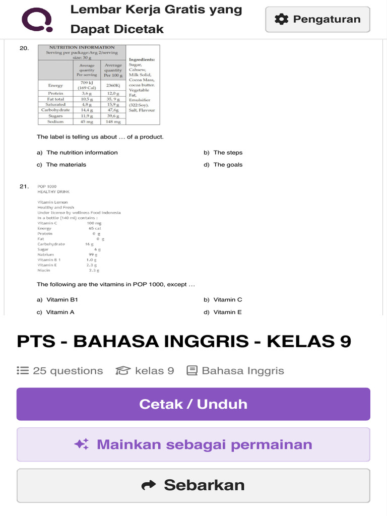 PTS - BAHASA INGGRIS - KELAS 9 Quizizz | PDF | Teaching Methods & Materials