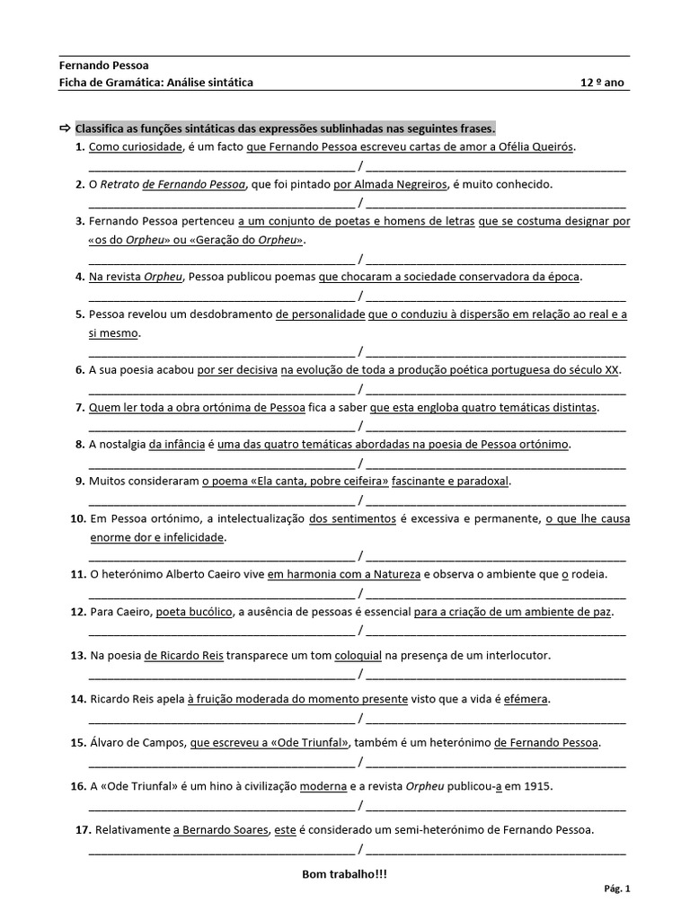 Ficha para o 12.º Ano - Fernando Pessoa | PDF