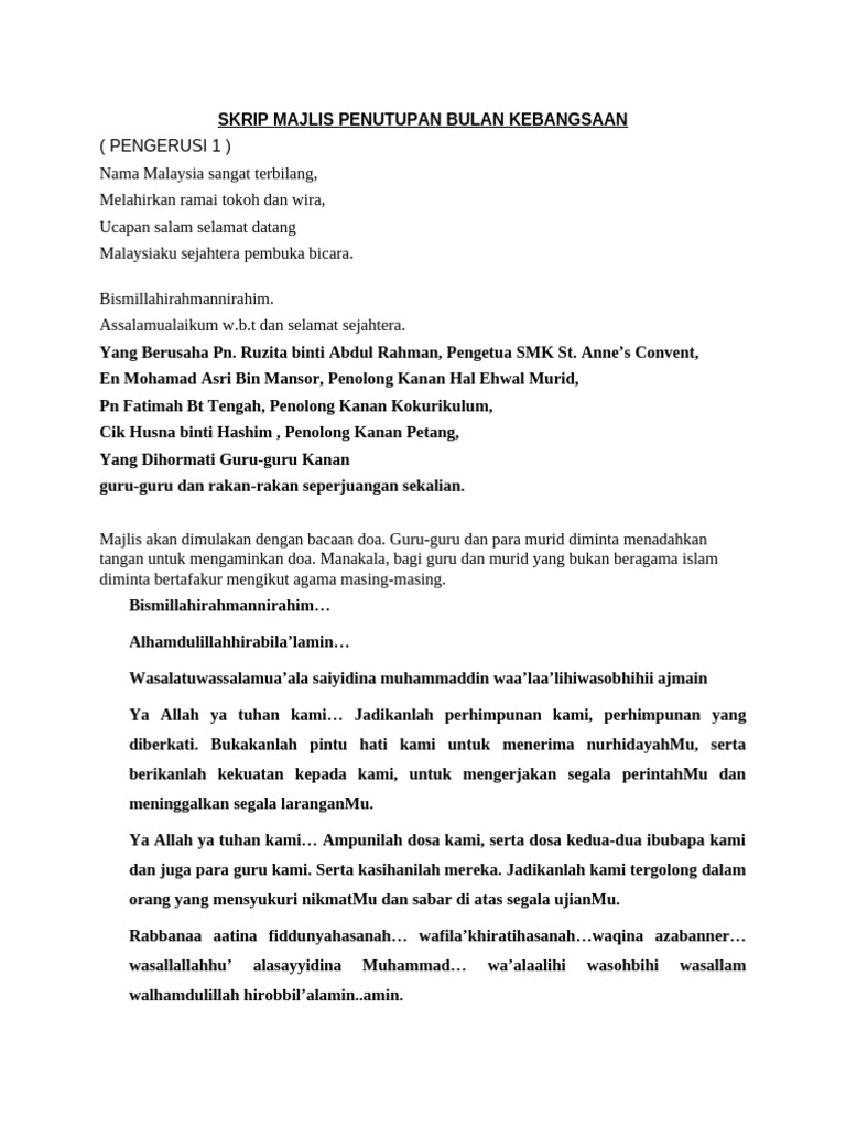 Skrip Majlis Penutupan Bulan Kebangsaan | PDF