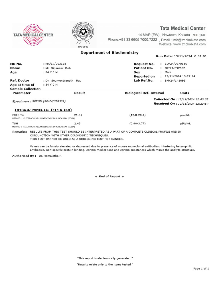 MR - 17 - 003135$Biochemistry$Thyroid Panel III (Ft4 & TSH ...