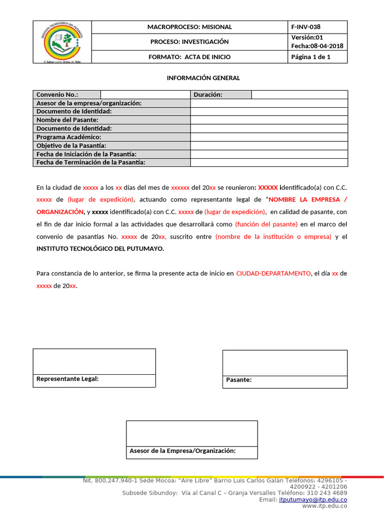 5 - F-Inv-038 Formato Acta de Inicio | PDF | Negocios | Derecho